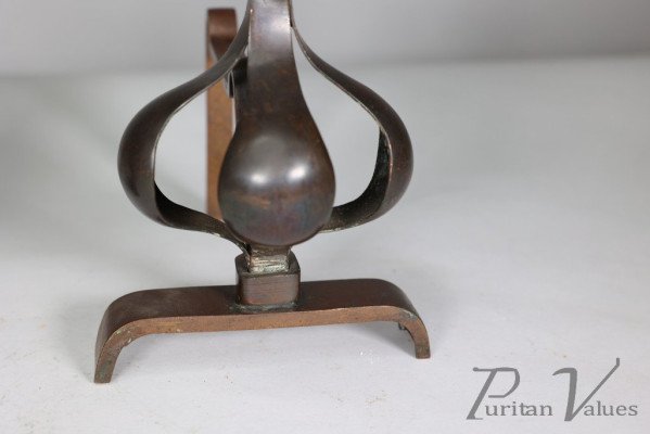 A Pair of Arts & Crafts Copper & Bronze Fire Dogs with Pyramid Style ...