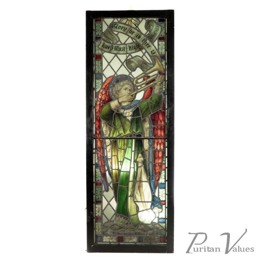 Pre-Raphaelite Stained Glass of Archangel Gabriel Blowing a Trumpet c ...